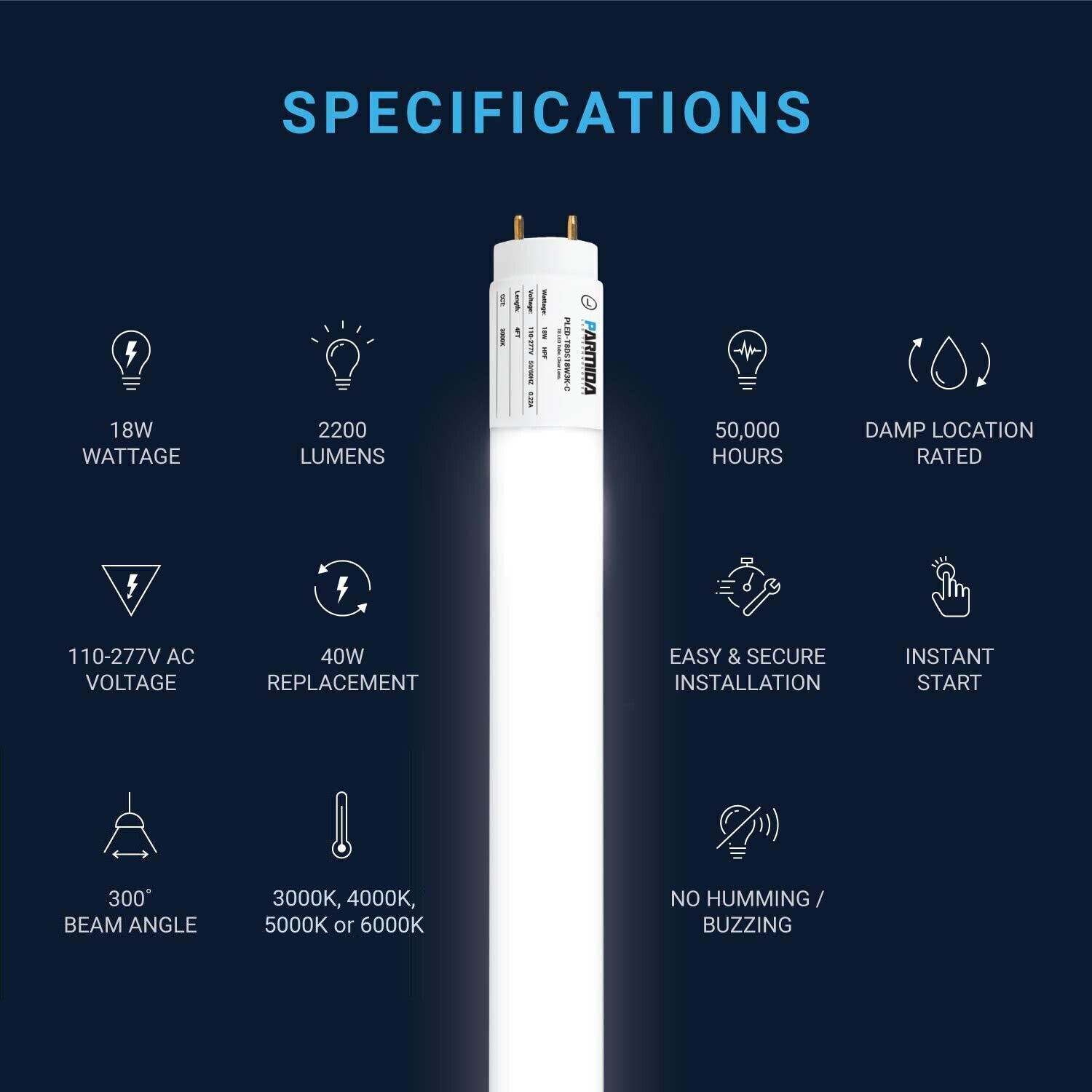 4PK/20PK PARMIDA 4 Foot LED T8 Tube Light 18W CLEAR Ballast Bypass ...