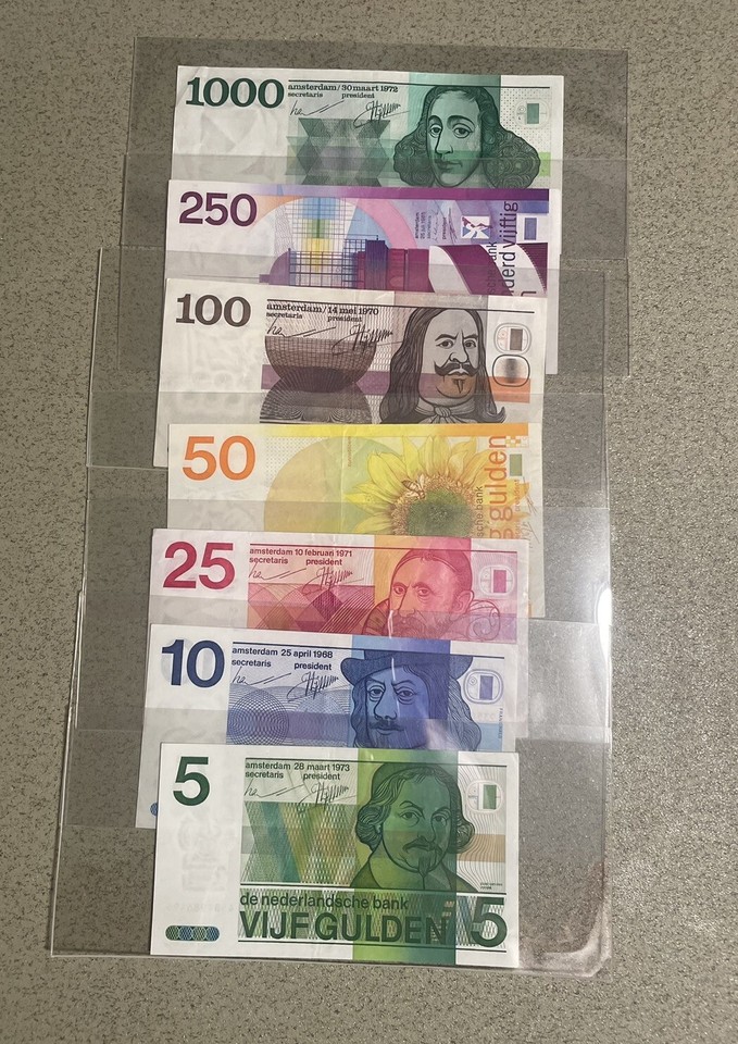 NETHERLAND: Fullset 5-10-25-50-100-250-1000 Gulden, 1968-1982 Banknote ...
