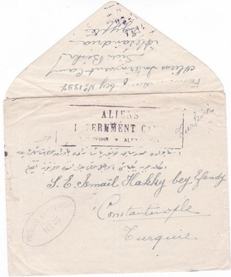 Egypt ,1918;Stampless Aliens Internment Camp cover to Turkey - 2 scans ...