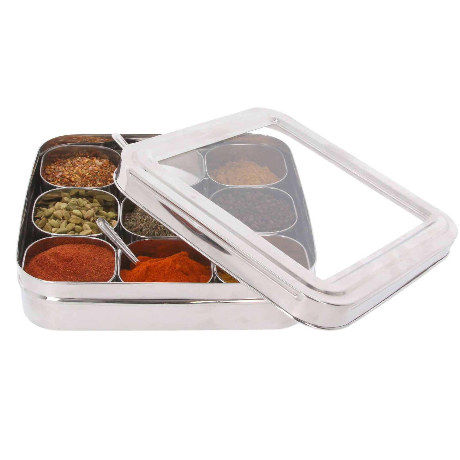 Authentic Indian Spice Tin Box Square Masala Dabba Spoon Stainless ...
