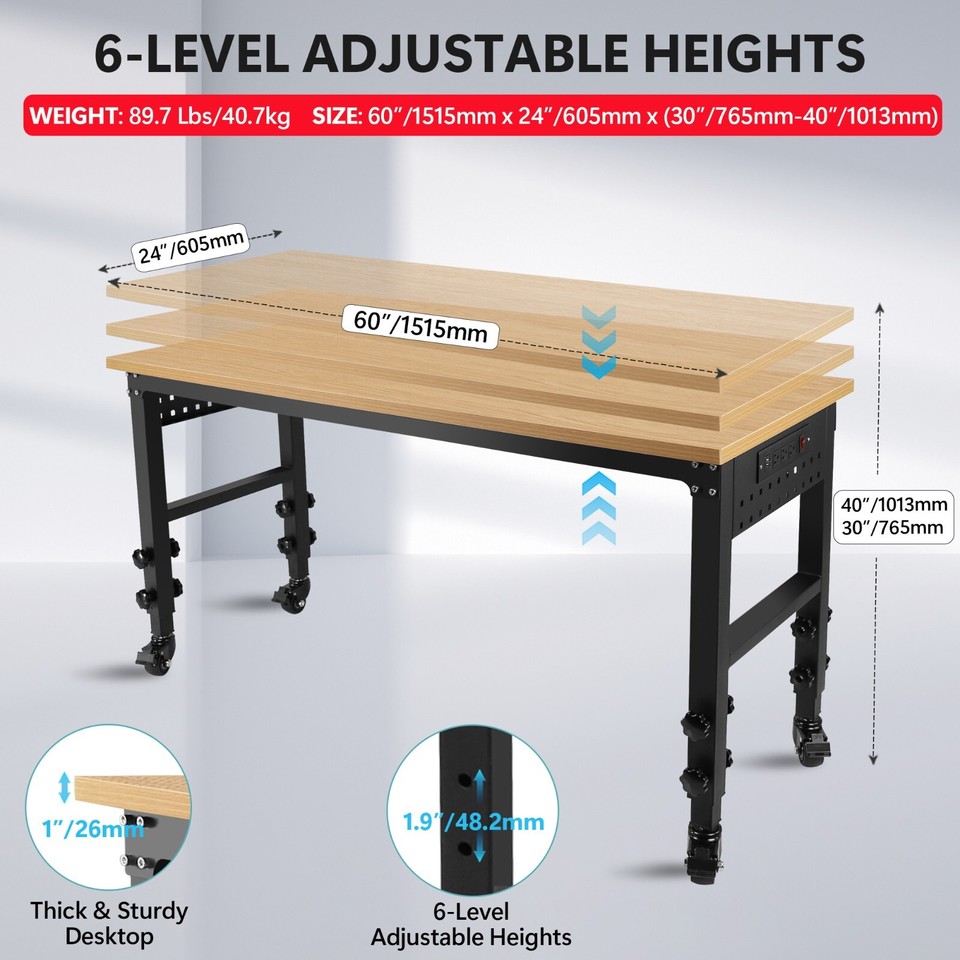 60"Rolling Adjustable Heavy Duty Workbench with Rubber Wood Top Working ...