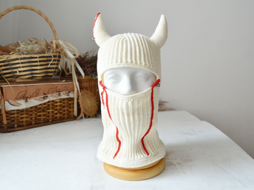 Knitted cream balaclava ski mask with horns women men Custom crochet ...