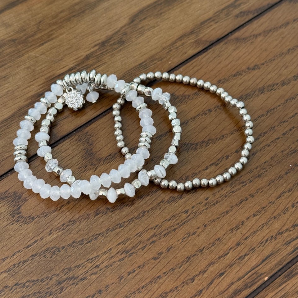 Silver And White Bead Bracelet Stack, 3 Piece Stretch Bracelet Set ...