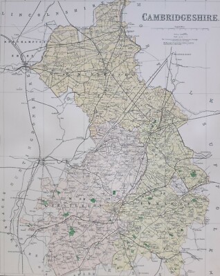 1889 COUNTY MAP CAMBRIDGESHIRE CAMBRIDGE CAXTON NEWMARKET ELY MARCH ...