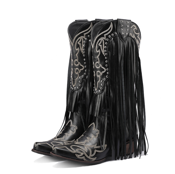 Womens Fringe Studs Block Heel Pull On Mid Calf Cowboy Tassel Western Boots Size | eBay