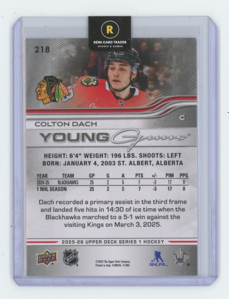 2025-26 Upper Deck Young Guns Colton Dach Rookie #218 Chicago ...