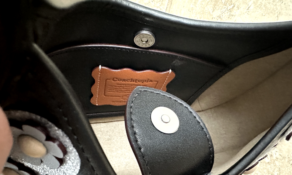 COACH COACHTOPIA ERGO BAG w/MINI FLOWER APPLIQUE:NWT BLACK/ICE BLUE ...