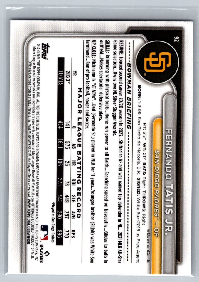 2024 Bowman Chrome #92 FERNANDO TATIS JR. Mojo Refractor Padres | eBay