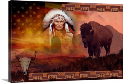 Native Indian Chief Buffalo Art Stretched Canvas Wrap Print Vintage ...