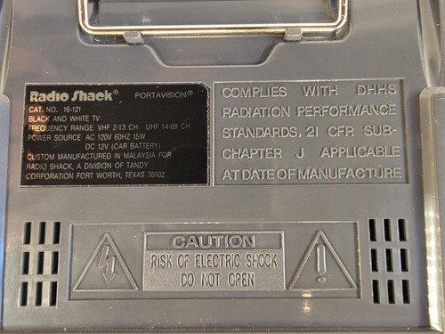 Radio Shack Portavision 4.5" Black and White CRT TV & Power Cord ...