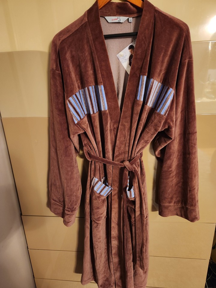 Eskimo Men’s Bathrobe L – Brown Velour Cotton Blend Robe with Belt ...