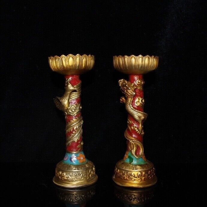 China Cloisonne Enamel Gilt Dragon Loong Phoenix Candle Holder ...