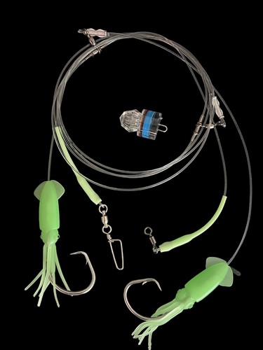 2 Halibut Fishing Rigs - 2 Glow Squid, LED light, 2 Circle Hooks Deep ...