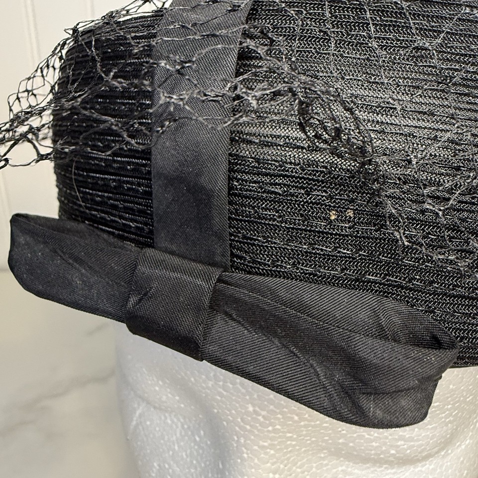 Vintage Pill Box Hat w/ Bow Netting Union Made Black | eBay