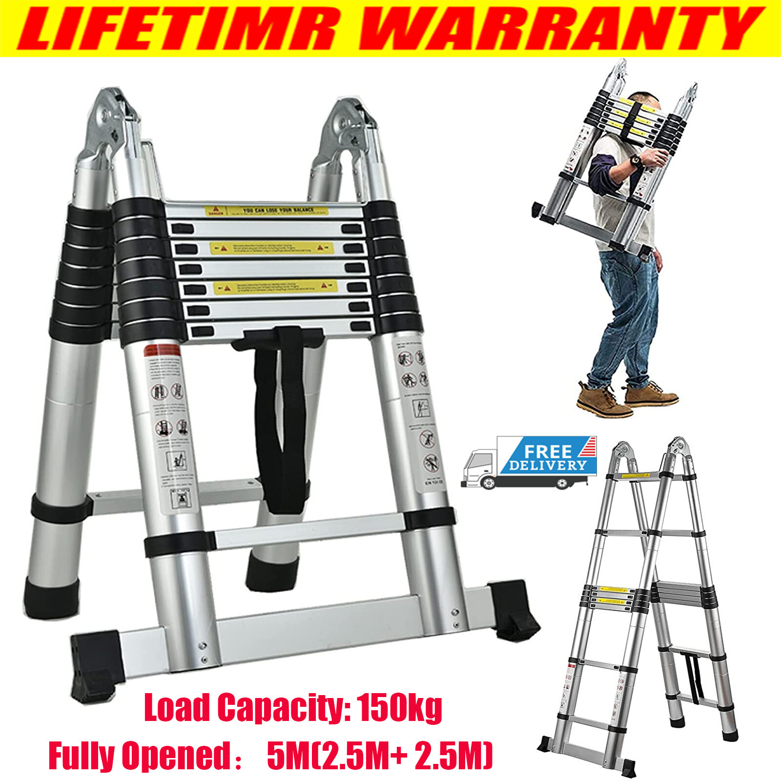 5M Telescopic Ladders Extension Aluminum Step Ladder Folding Multi ...