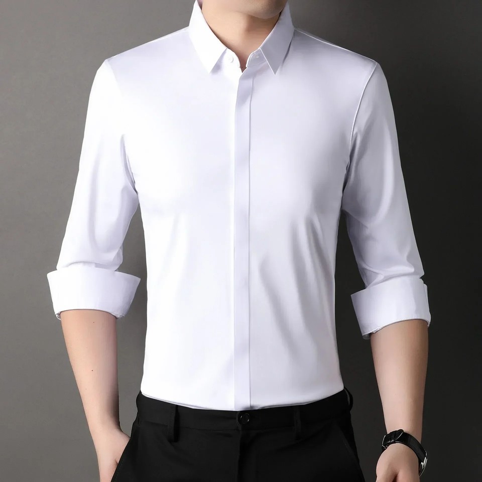 Silk Dress Shirts Business Men Resistant Button Invisible Elastic Tops ...