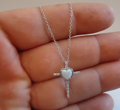 CROSS W/ HEART NECKLACE PENDANT W/ .50 CT LAB DIAMOND/ OPAL/925 ...