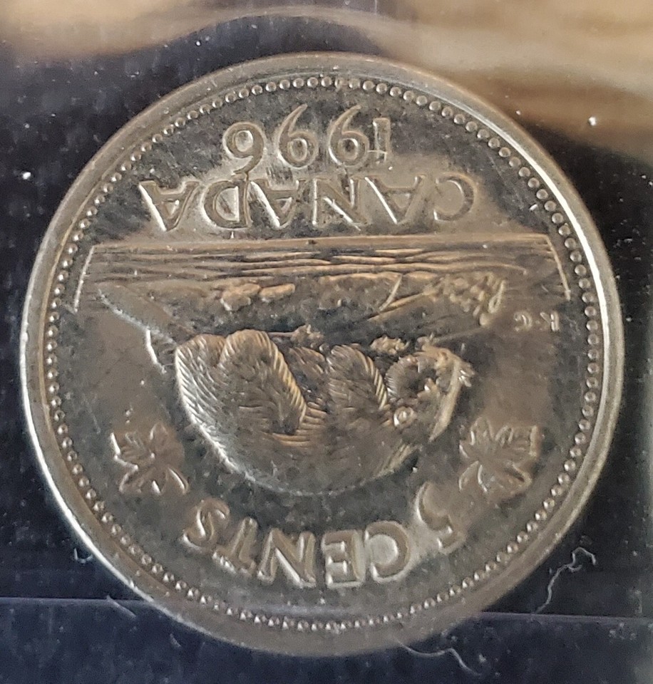 CANADA FIVE 5 CENTS 1996 ICCS MS-60, ATTACHED 6 and CROWN ON BEAVER ...