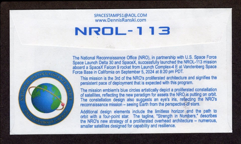 SpaceX launches NROL-113 NRO Mission - spacestamps1 | eBay