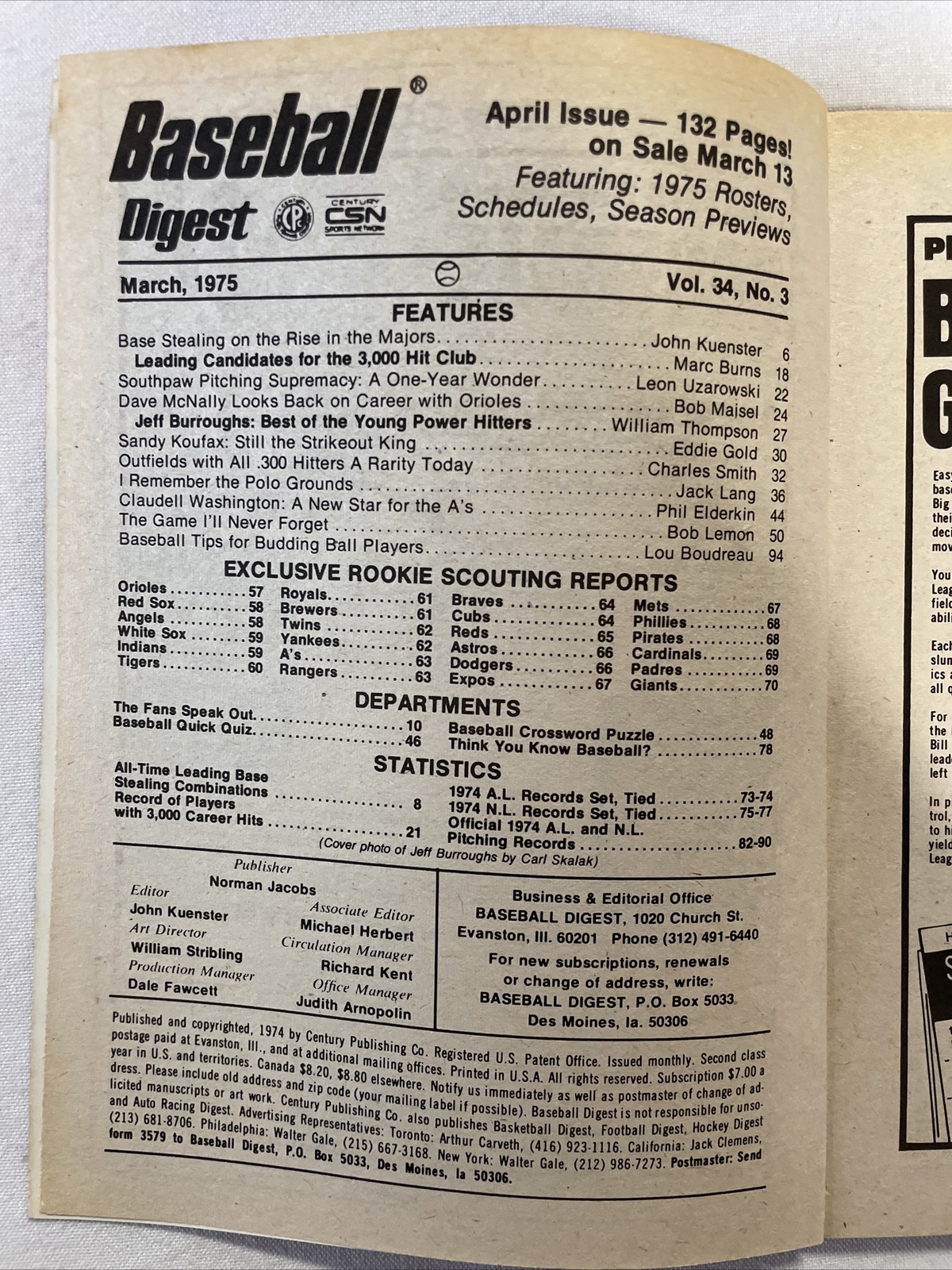 1975 March, Baseball Digest Revue, Jeff Burroughs (CP118) | eBay