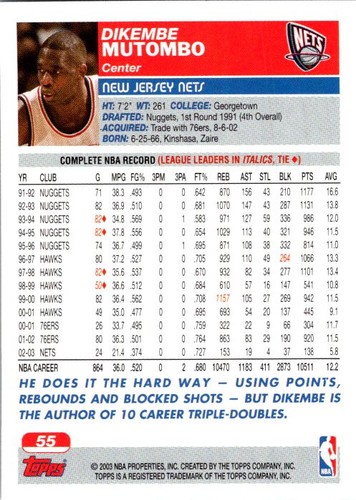 2003-04 Topps #55 Dikembe Mutombo basketball 10RR | eBay