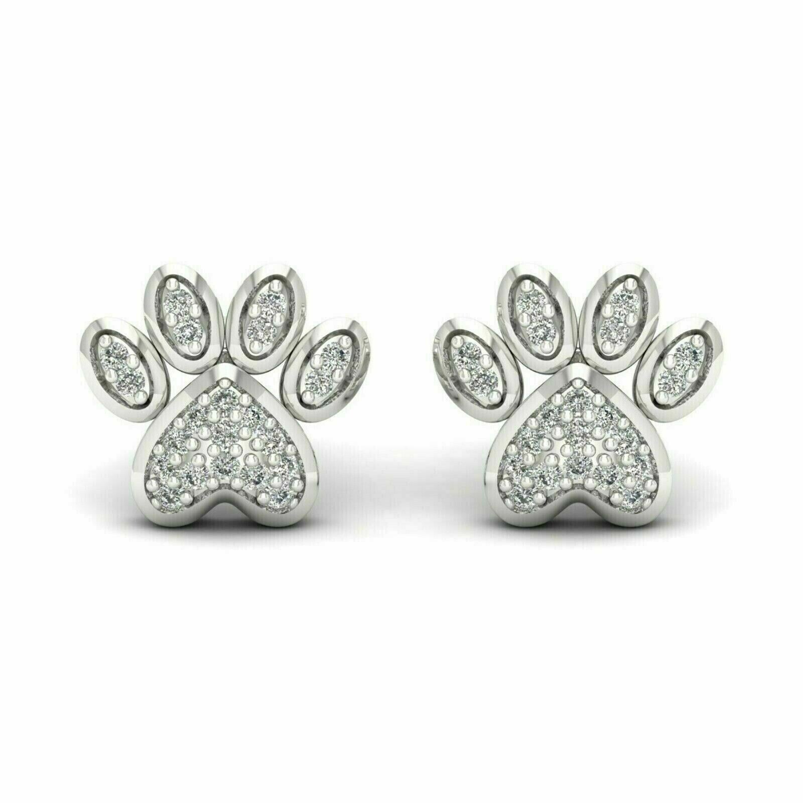 14k White Gold Plated 1.00 Ct Round Cut Simulated Diamond Dog Paw Stud ...