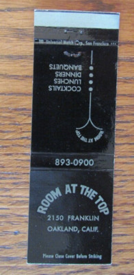 OAKLAND, CALIFORNIA MATCHBOOK COVER: ROOM AT THE TOP EMPTY MATCHCOVER ...
