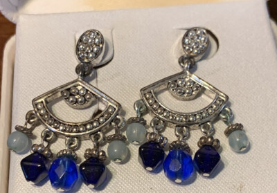 VTG Pierced Napier Blue Beaded Dangle Silver Tone Signed Earrings | eBay