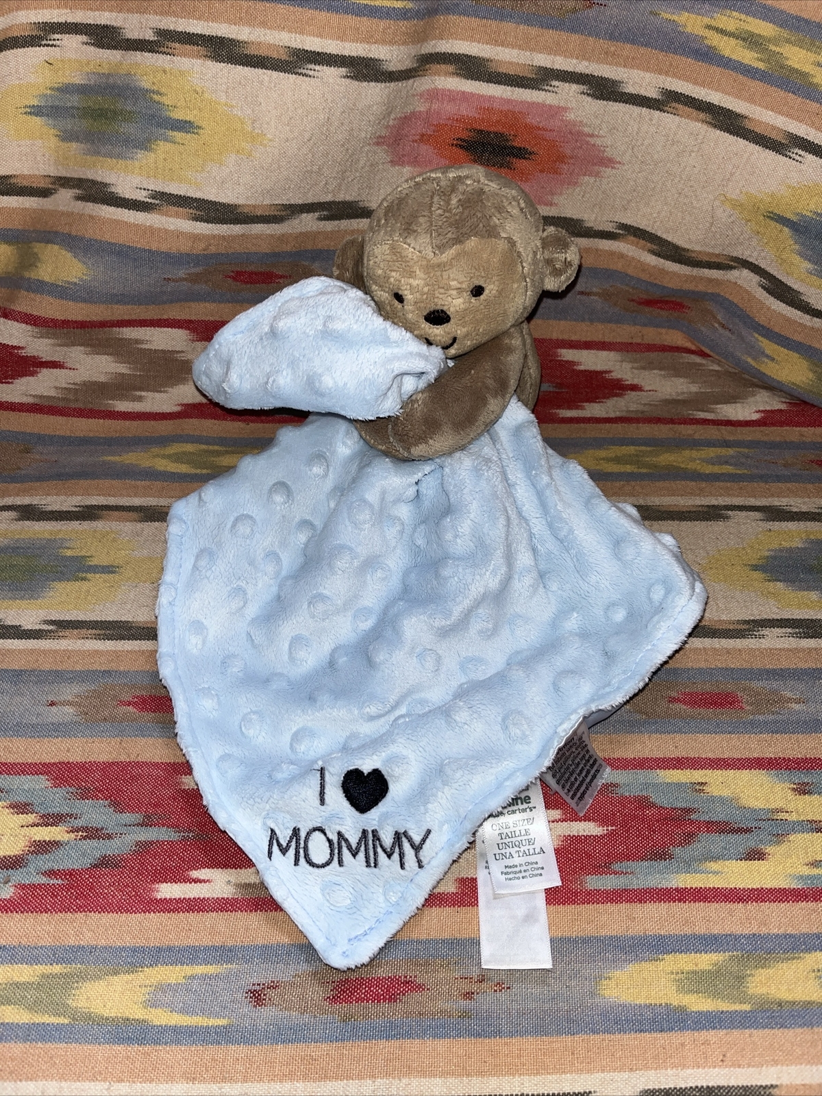 Carters Child of Mine Blue Lovey Plush Monkey I Love Mommy Rattle Satin ...