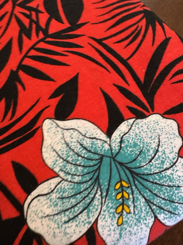 VINTAGE Blue Hibiscus RED Hawaiian Print Cotton Fabric 88" x 35 ...