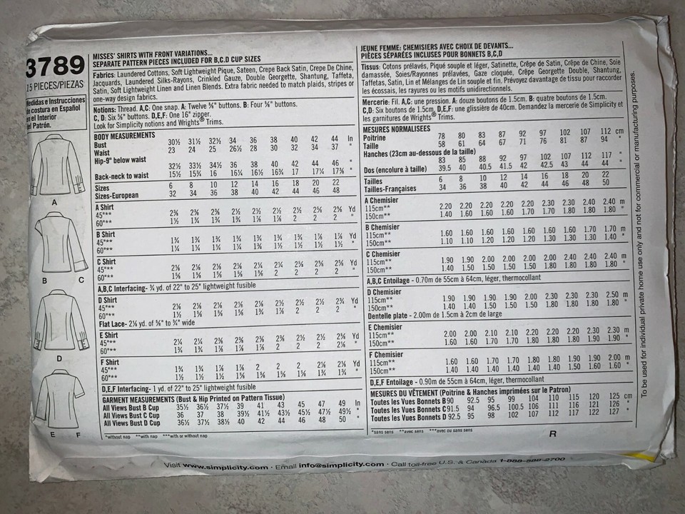 Simplicity Sewing Pattern Blouse Top #3789 Uncut Women's Size 6-14 New ...