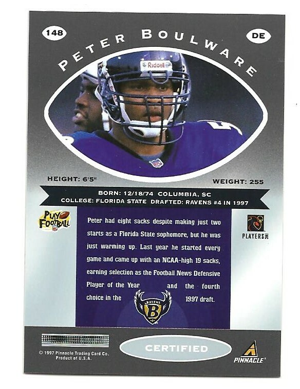 1997 Pinnacle Certified NFL FB Card #148, PETER BOULWARE RC, Baltimore ...