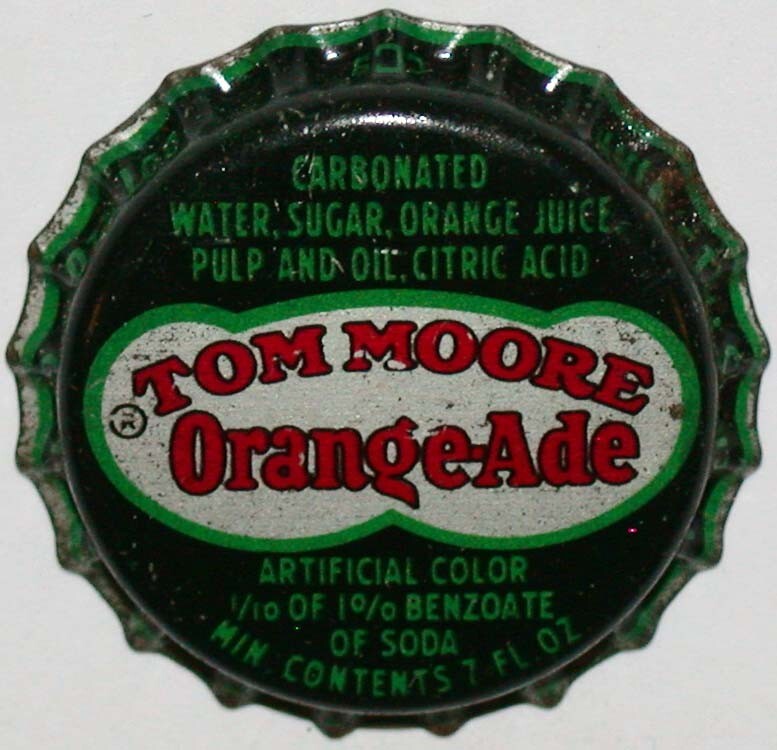 Vintage soda pop bottle cap TOM MOORE ORANGE ADE Coca Cola cork Fergus ...