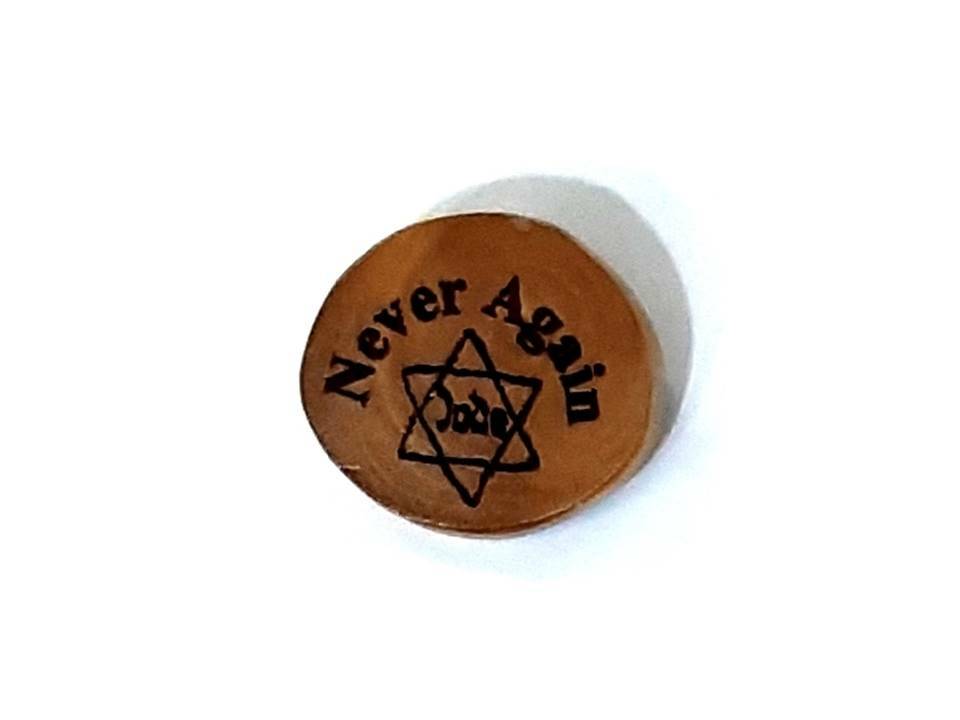 Never Again pin Shoah, Israeli Olive wood art memorized pin Holocaust engrave | eBay