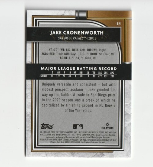 Jake Cronenworth 2021 Topps Museum Collection Rookie Card RC #64 Padres ...