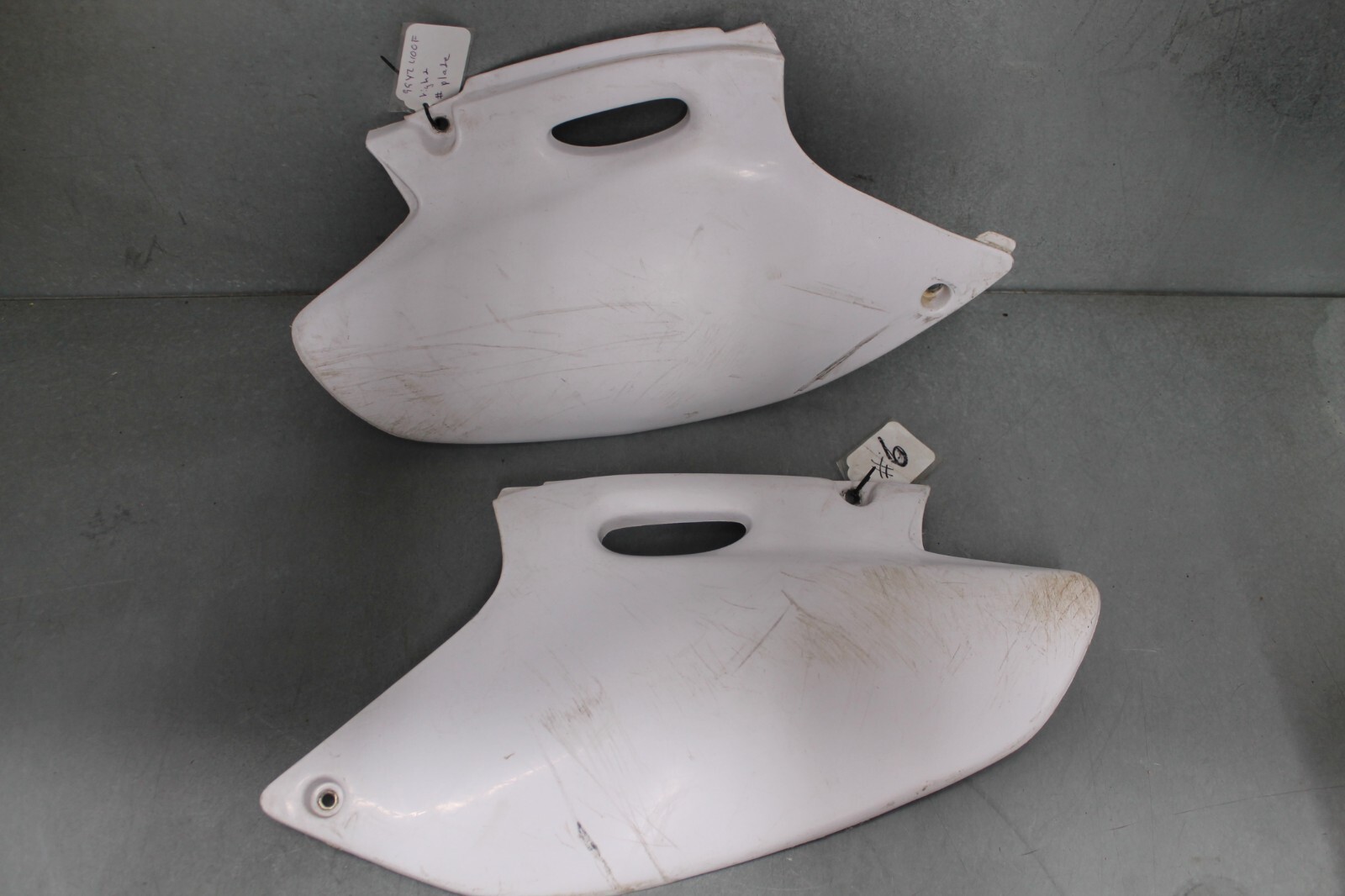Nice UFO for Yamaha YZ400 Left & Right Number Plates White Scratched | eBay