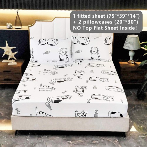 3PCS Black and White Cat Bedding Sheet Set, Cartoon Cat Sheets, Cooling ...