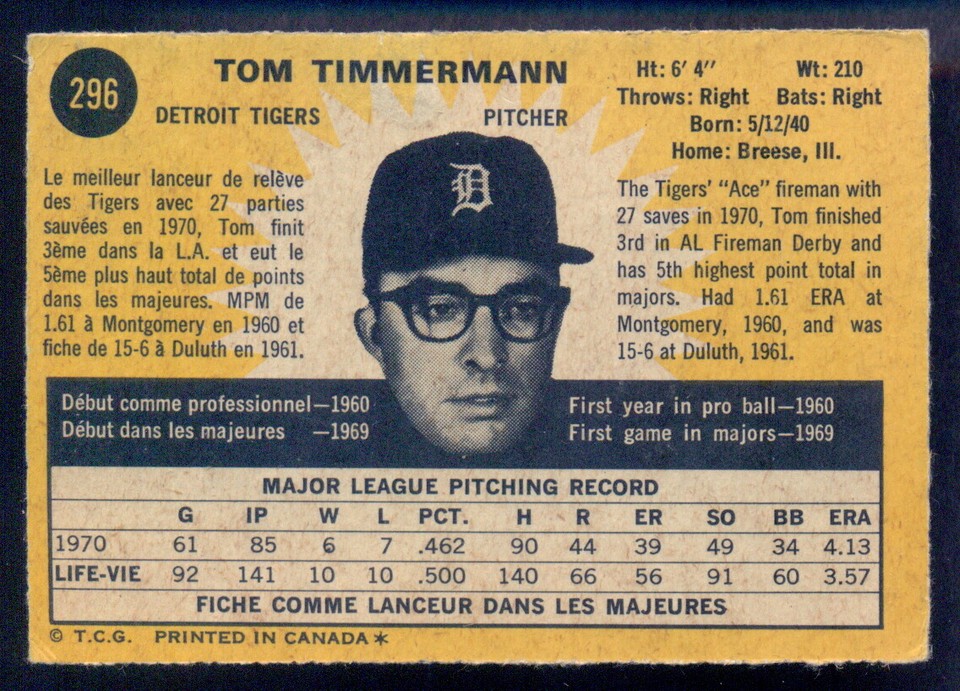 1971 TOPPS OPC O PEE CHEE BASEBALL #296 Tom Timmermann NM Detroit ...