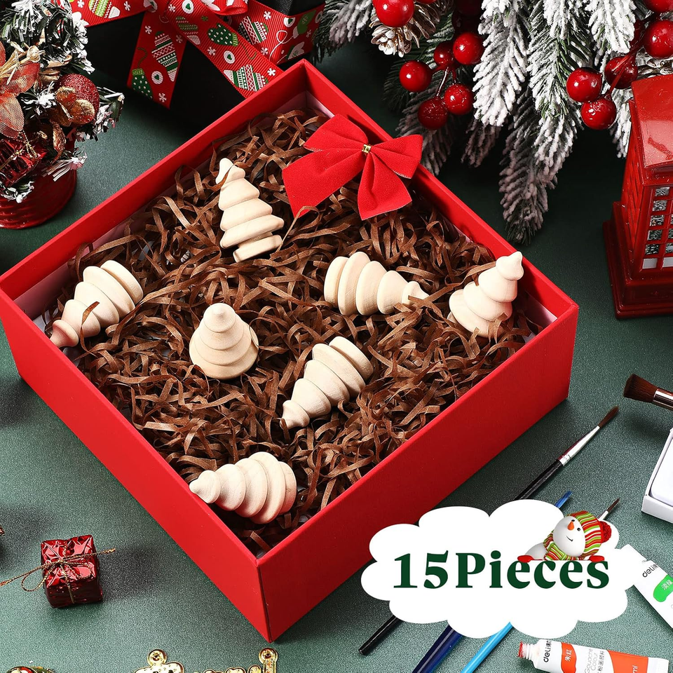 15 Pieces Unfinished Wood Christmas Tree Mini Wooden Xmas Tree Craft ...