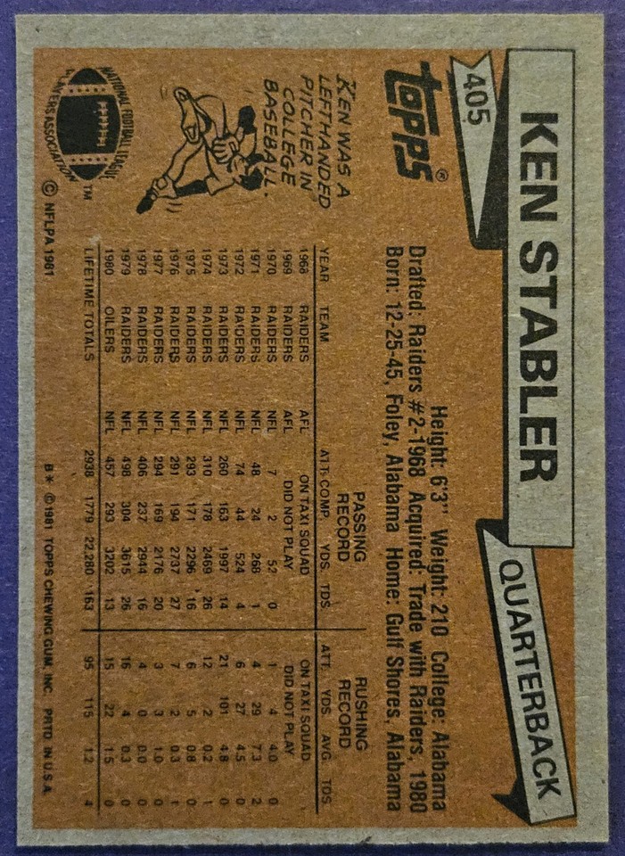 1981 Topps #405 Ken Stabler Football card Houston Oilers! HOF! | eBay