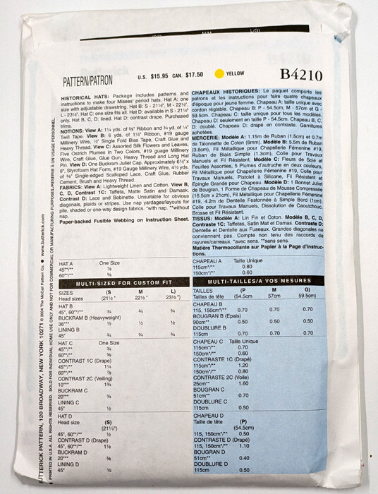 NEW Uncut Butterick B4210 Making History Pattern 19th Century Hats 4 ...