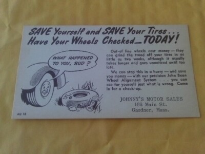 RARE POSTCARD JOHN BEAN WHEEL TIRE ALIGNMENT JOHNNY MOTOR GARDNER ...