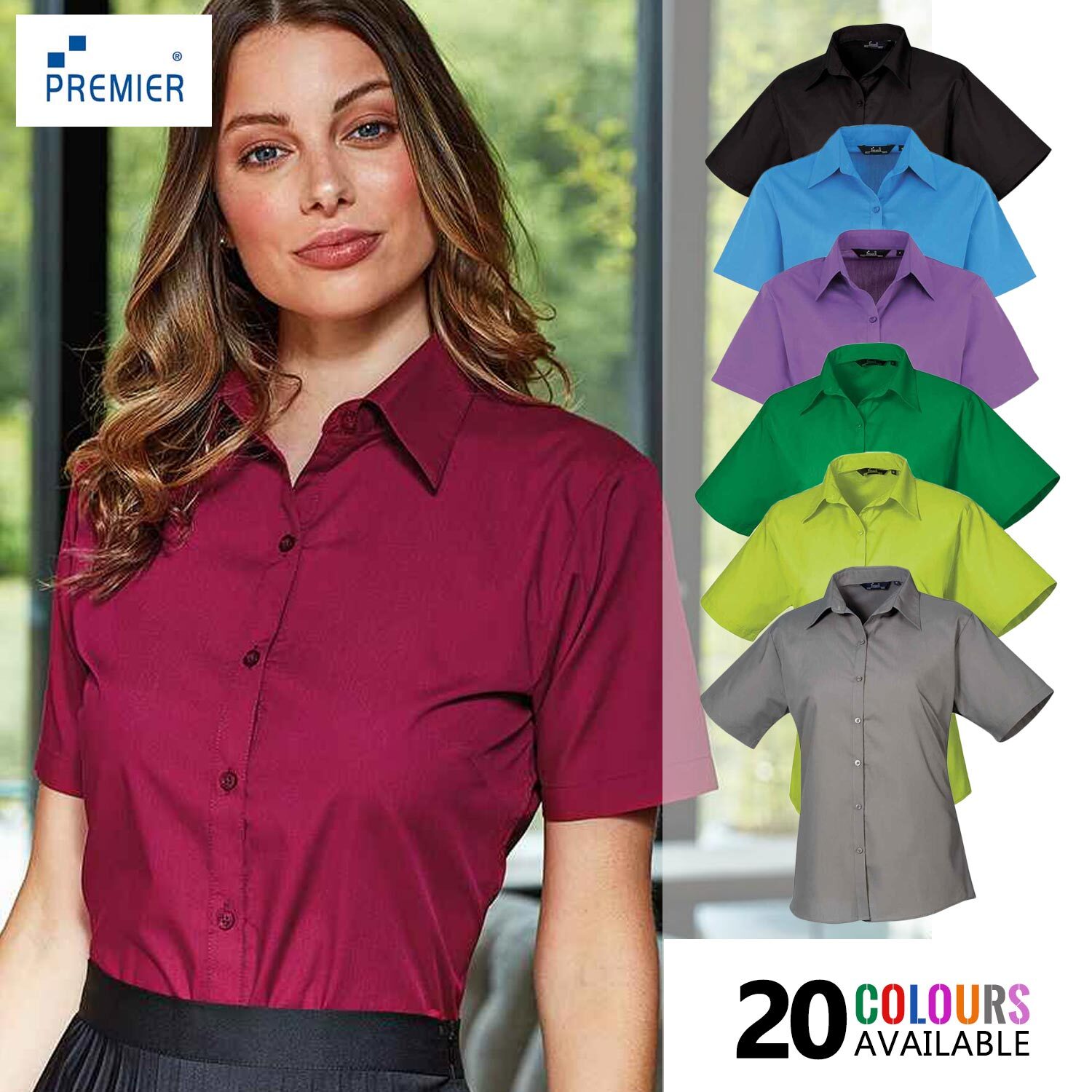 PREMIER WOMENS POPLIN Short Sleeve Blouse Plain Work Shirt Sizes 6-26 ...