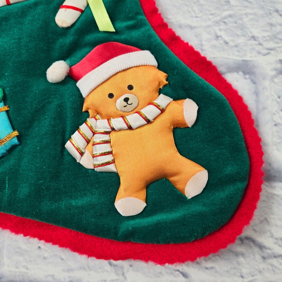 VTG Christmas Tree Gift Green Velvet Christmas Stocking Applique Drum ...