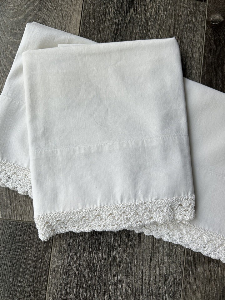 Vintage Pillowcase Set White Crochet Edges | eBay