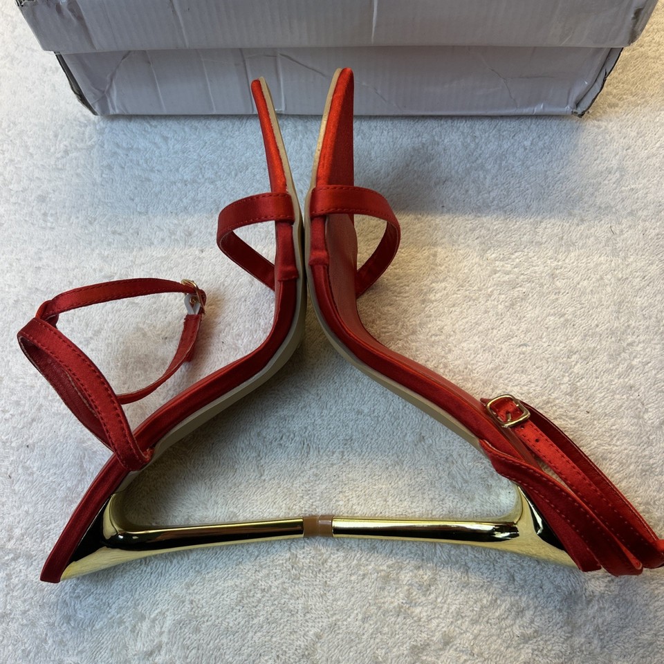 4 Inch Stilettos High Heel Open Toe Ankle Strap Red Satin Gold Heel ...