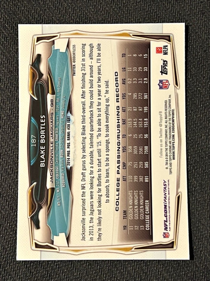 2014 Topps Chrome Football Rookie Card Blake Bortles Jacksonville ...