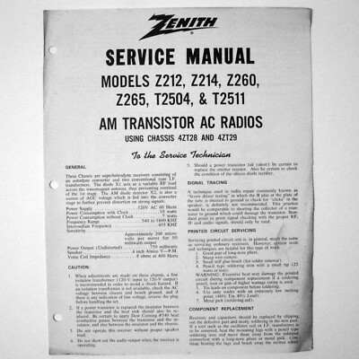 ZENITH ® Models Z212 Z214 Z260 Z265 T2504 Transistor Radio Service ...