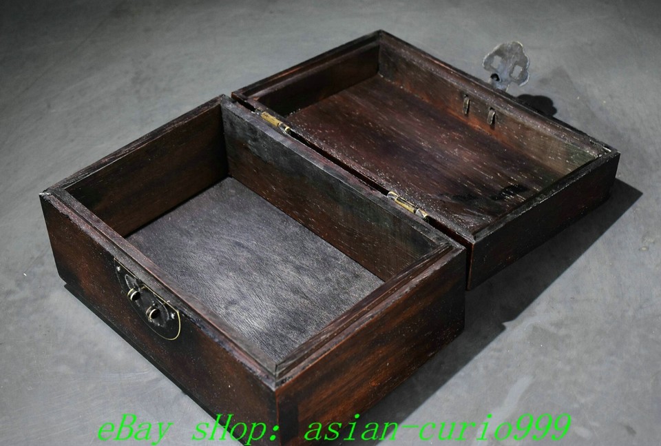 7''Old Chinese Huali Wood Inlay Shell Dragon Beast 4 Side Container Box ...