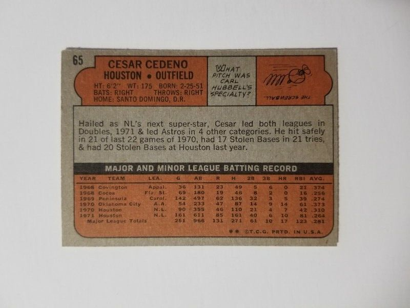 CESAR CEDENO 1972 TOPPS BASEBALL CARD #65 HOUSTON ASTROS | eBay